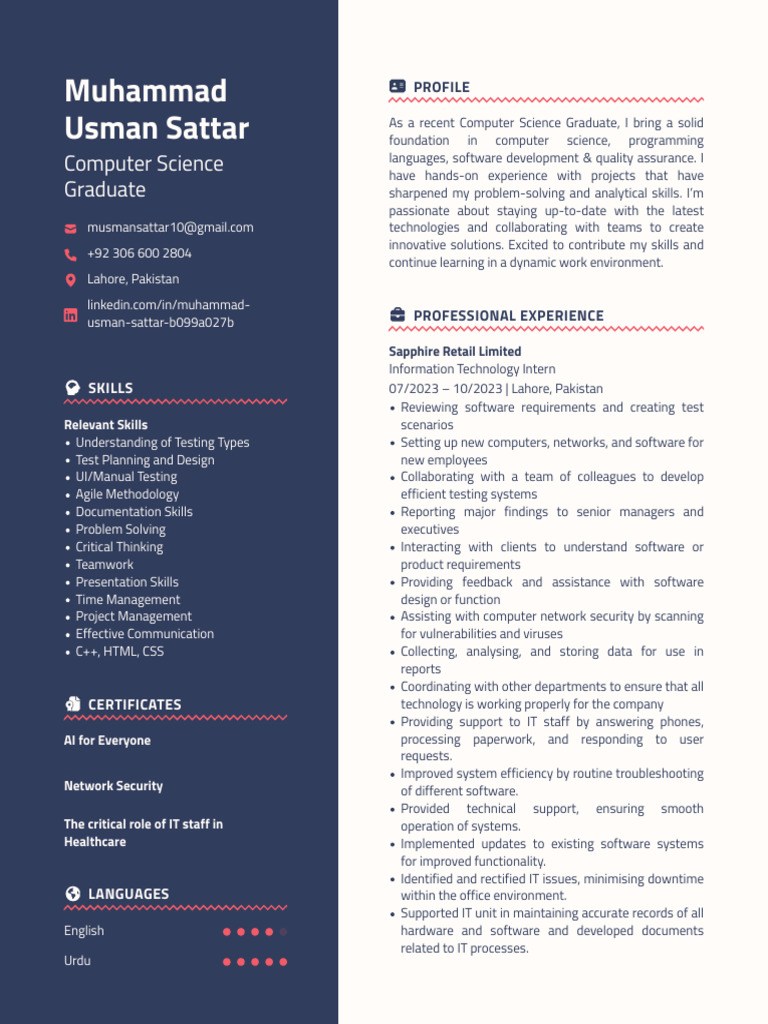 Muhammad Usman Sattar CV | PDF