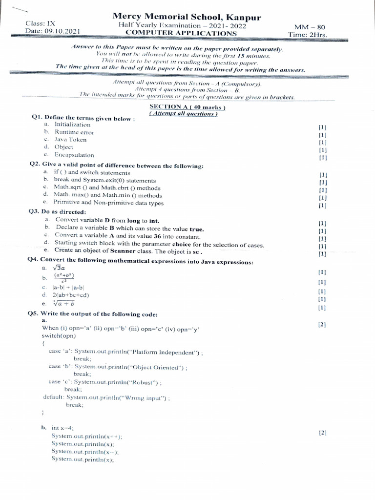 Mercy Class Ix Oct 2021 22 Pdf Java Programming Language Mathematics 