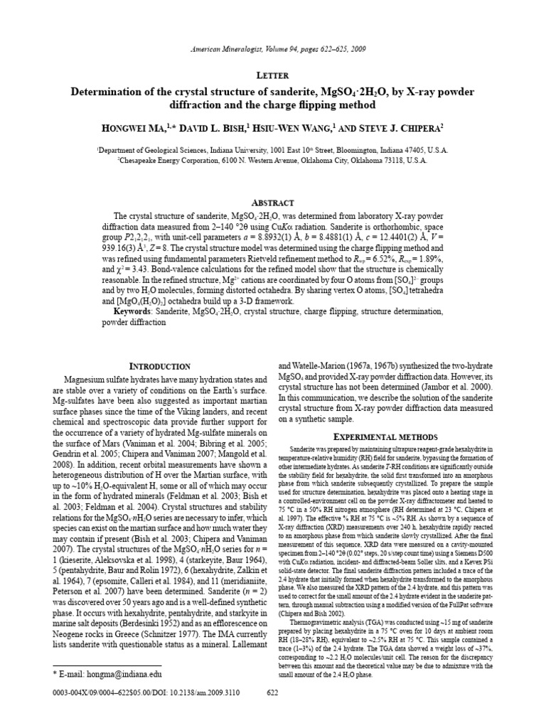 Crystal Structure of Sanderite, MgSO4 2H2O | PDF