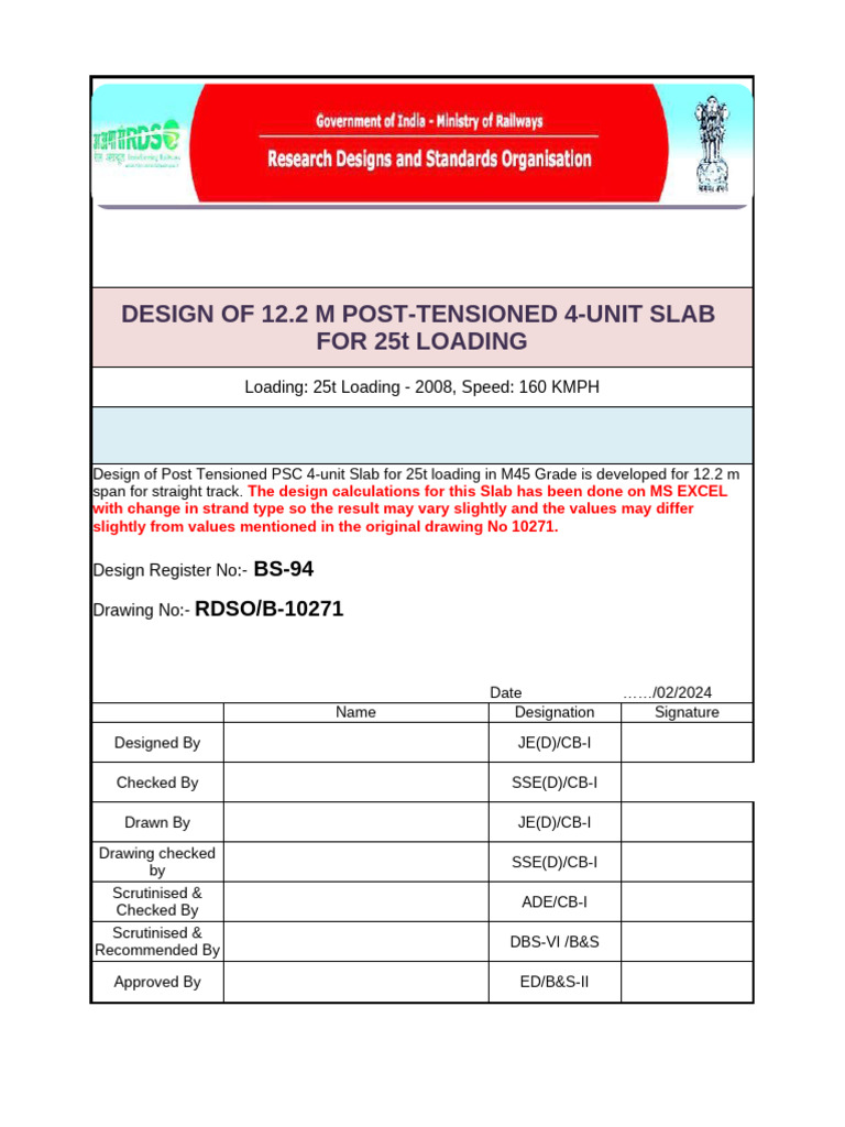 Design of 12.2 M Post-Tensioned 4-Unit Slab For 25T Loading: BS-94 RDSO/B-10271 | PDF