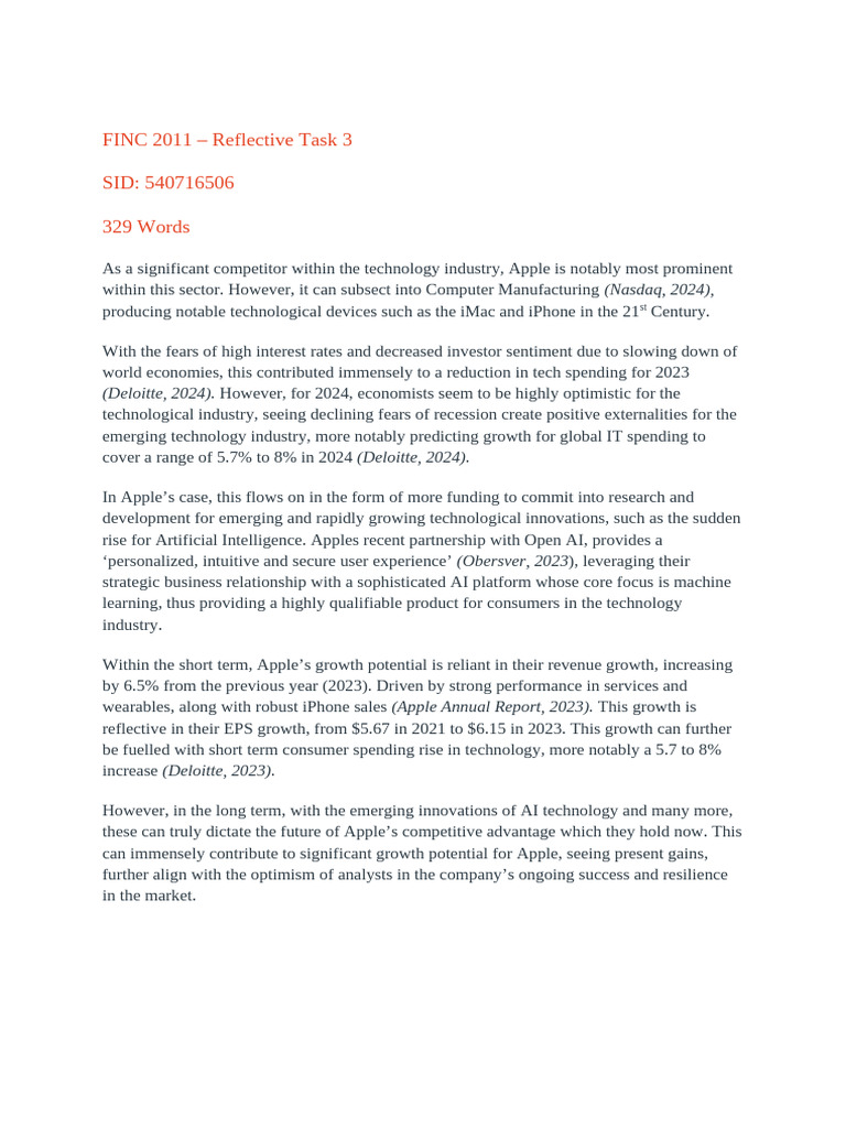 FINC 2011 - Reflective Task 3 - 540716506 - Nicholas Hasham | PDF