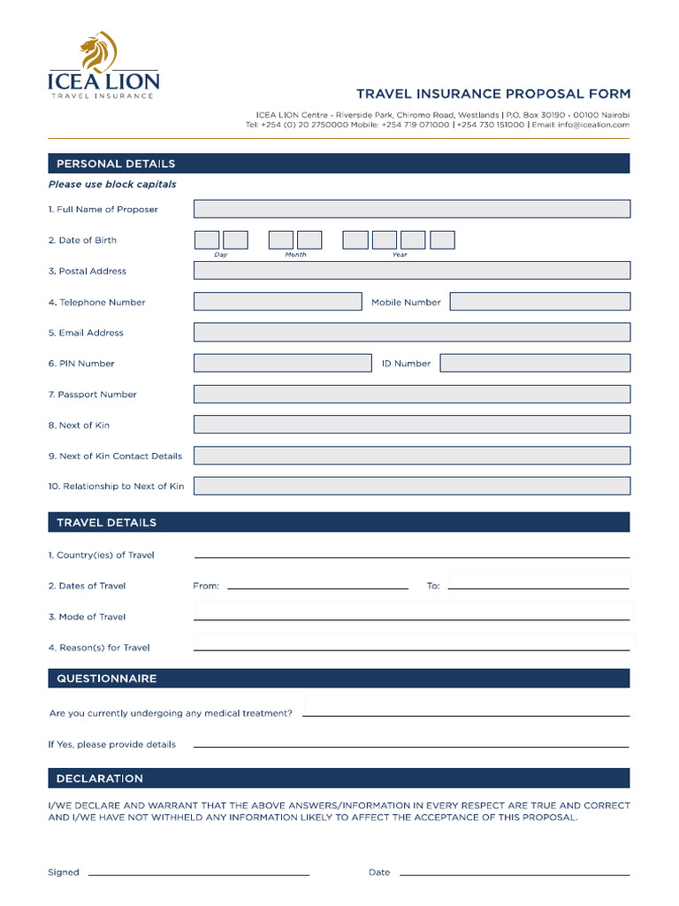 Travel Insurance Proposal Form - Editable | PDF