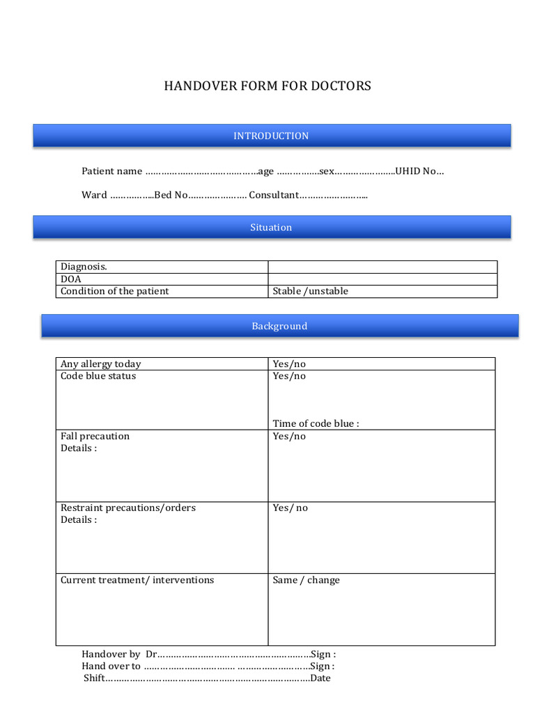 HAndover Form For Doctors | PDF