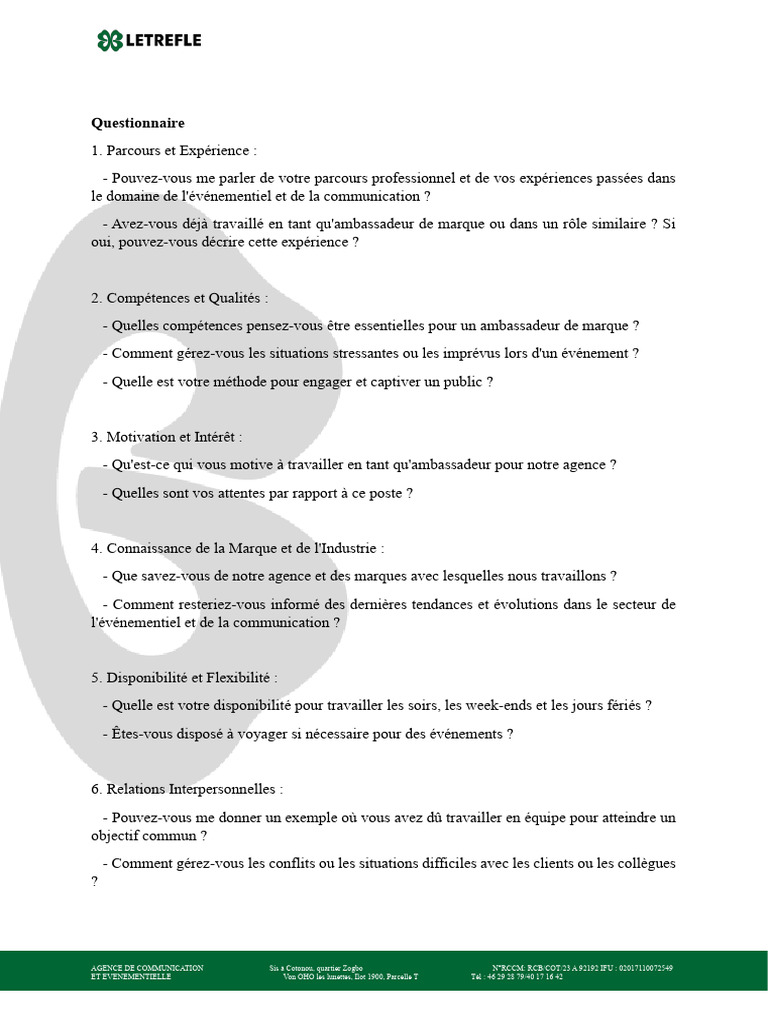 Questionnaire Pour Entretien Des Ambassadeurs | PDF