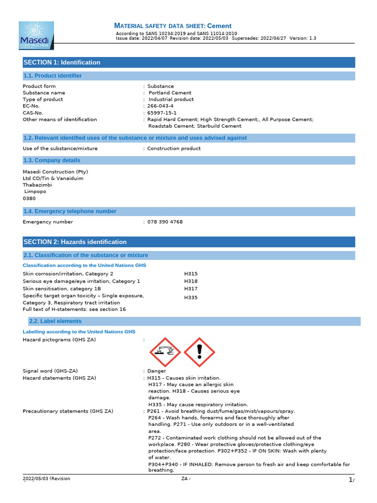 AfriSam New Cement MSDS 2022 | PDF