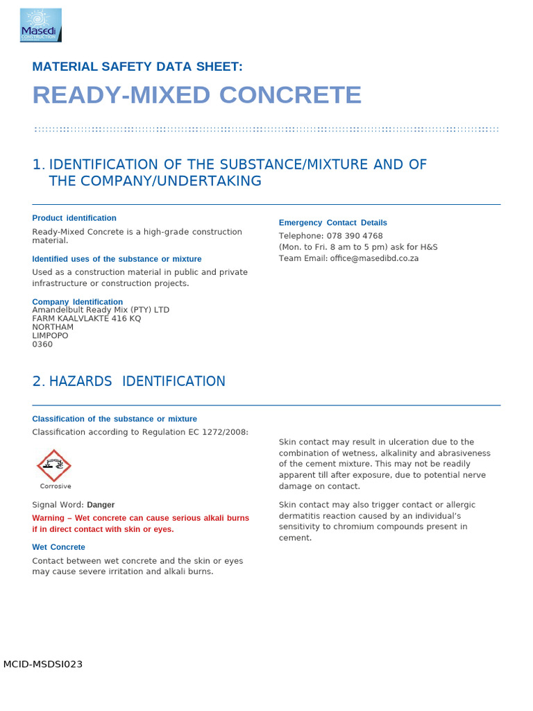 Ready-Mixed Concrete Safety Sheet | PDF | Concrete | Waste