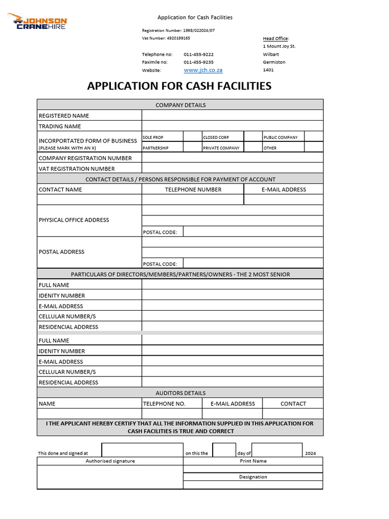 JCH Application for Cash Facilities | PDF
