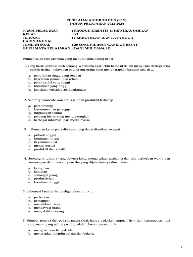 Naskah Soal PTS Pkwu - Pat Genap - Xi 2024 | PDF
