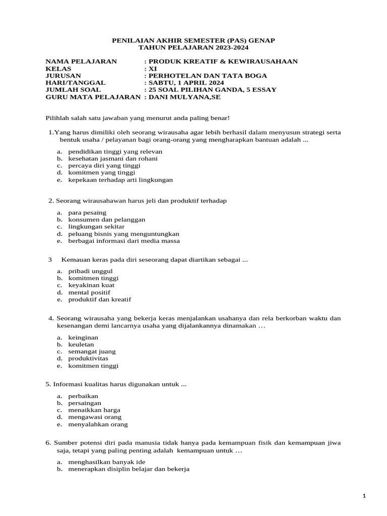 Soal Pas Pkwu - Genap - Xi 2024 - Fix | PDF