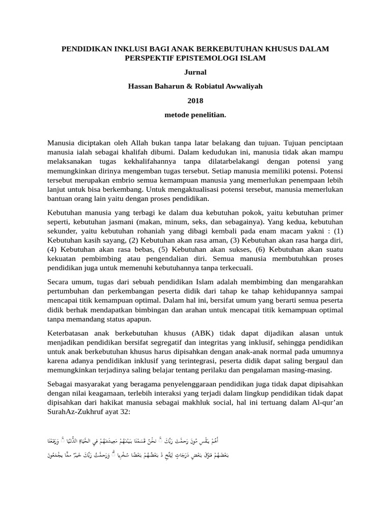 Pendidikan Inklusi Bagi Anak Berkebutuhan Khusus Dalam Perspektif Epistemologi Islam | PDF