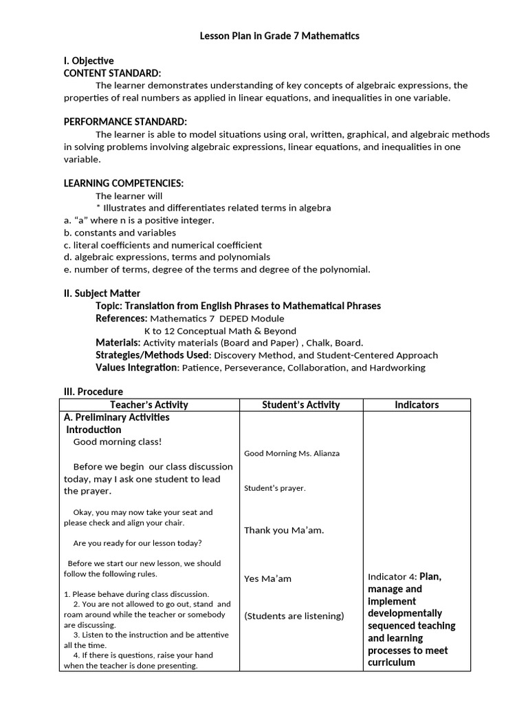 Lesson Plan in Grade 7 Mathematics 7 - Algebra Introduction | PDF ...