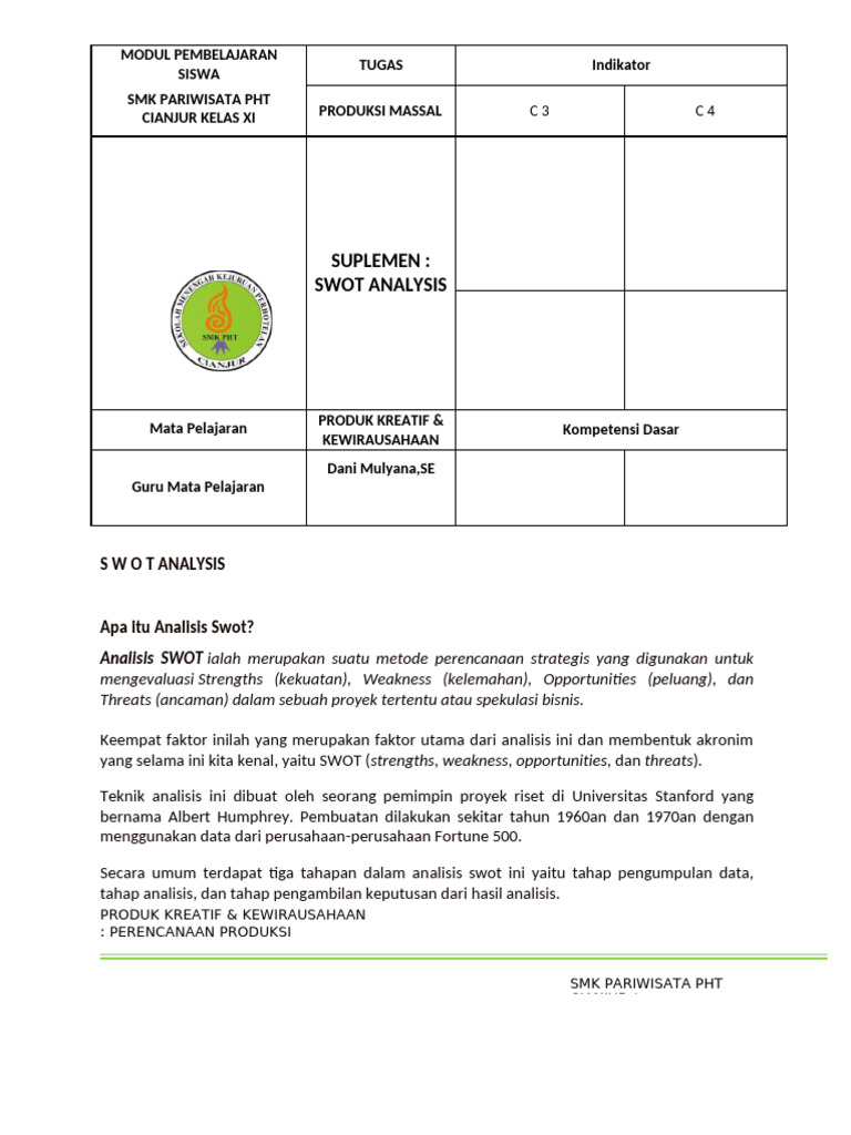 PKK Kelas Xi - Swot Analysis | PDF