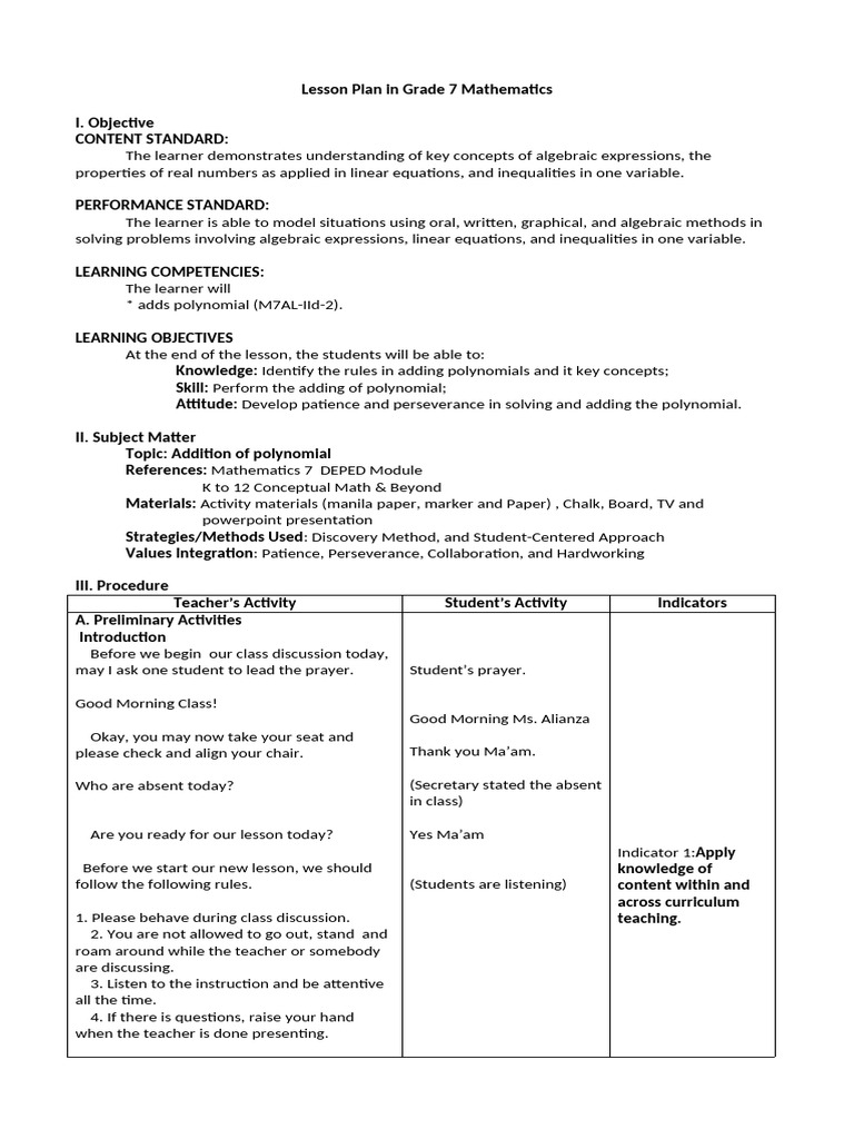 Lesson Plan in Grade 7 Mathematics 9_Adding polynomial | PDF