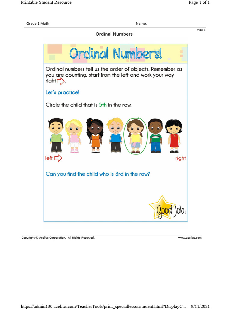 Math - WK 02 - 18. Ordinal Numbers - HS | PDF