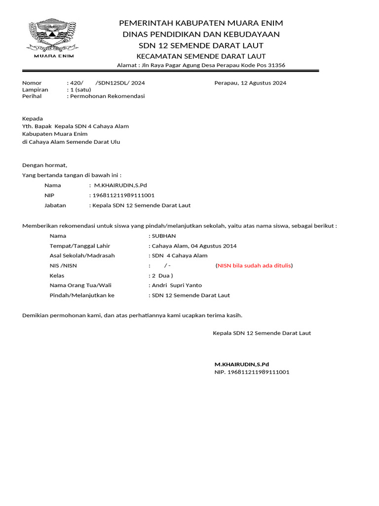 Contoh Permohonan Rekom Dan Surat Keterangan Pindah | PDF