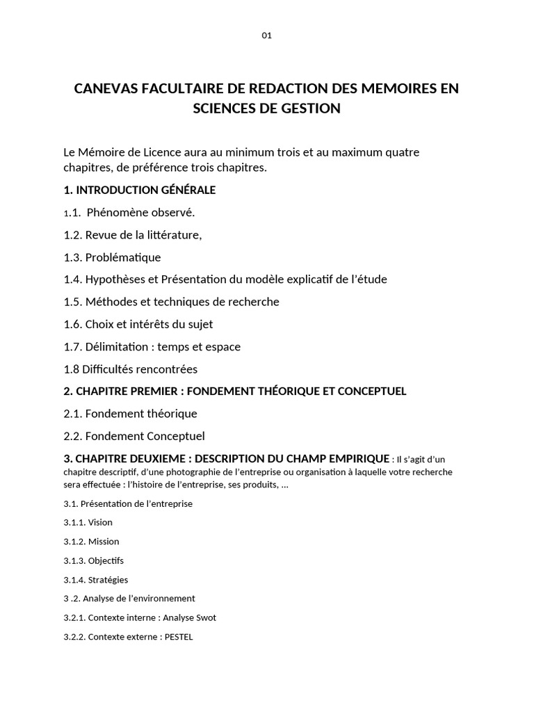 Canevas de La Faculte Pour La Redaction Des Memoires | PDF