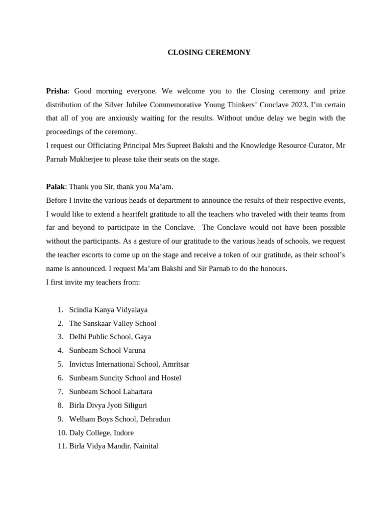 Final Closing Ceremony Compering- Silver Jubilee 2023 | PDF