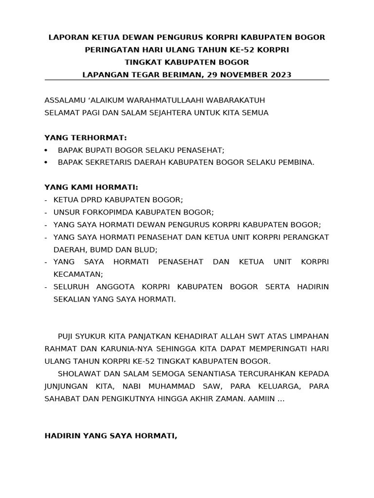 Laporan Ketua Panitia Hut Korpri Ke-52 | PDF
