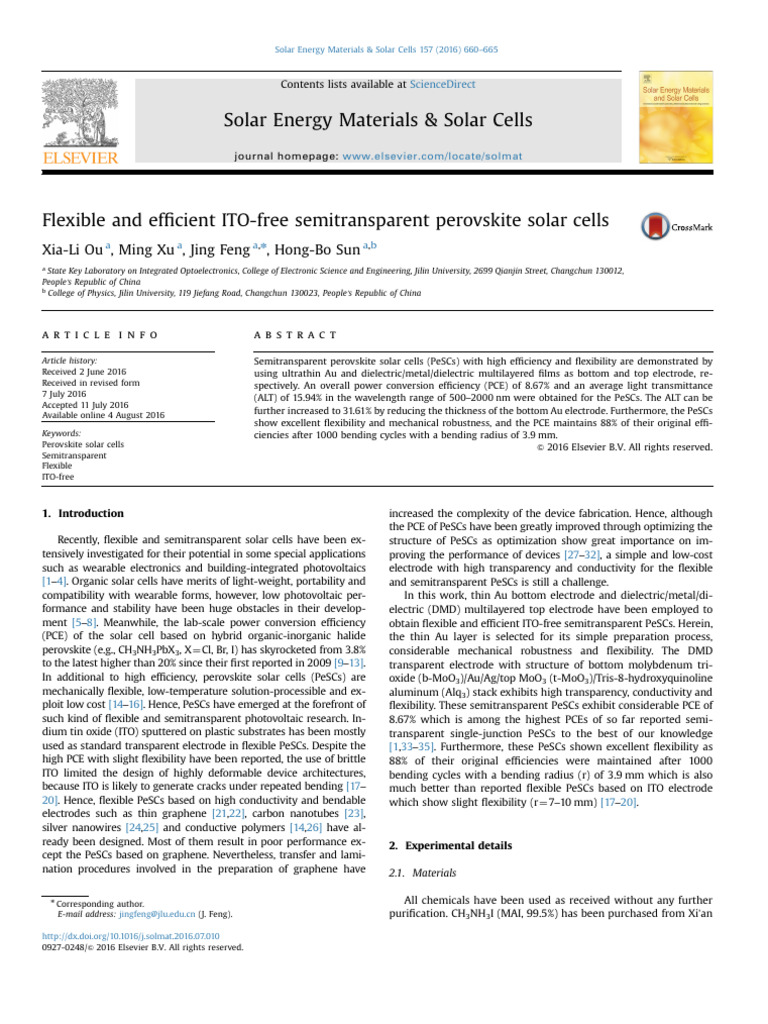 Flexible and Efficient ITO-free Semitransparent Perovskite Solar Cells | PDF