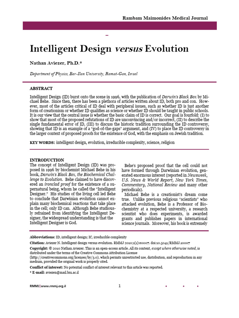 Intelligent Design Vs Evolution Nathan Aviezer | PDF