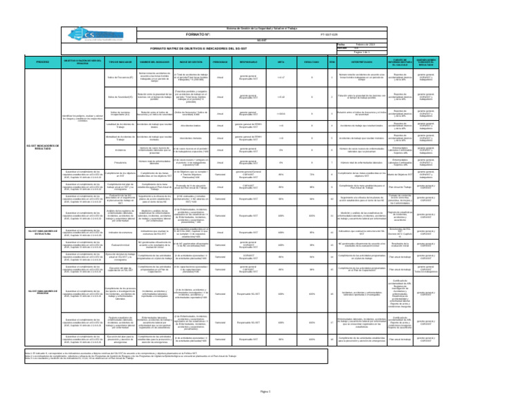 FT-SST-029 Formato Matriz de Objetivos e Indicadores Del SG-SST | PDF