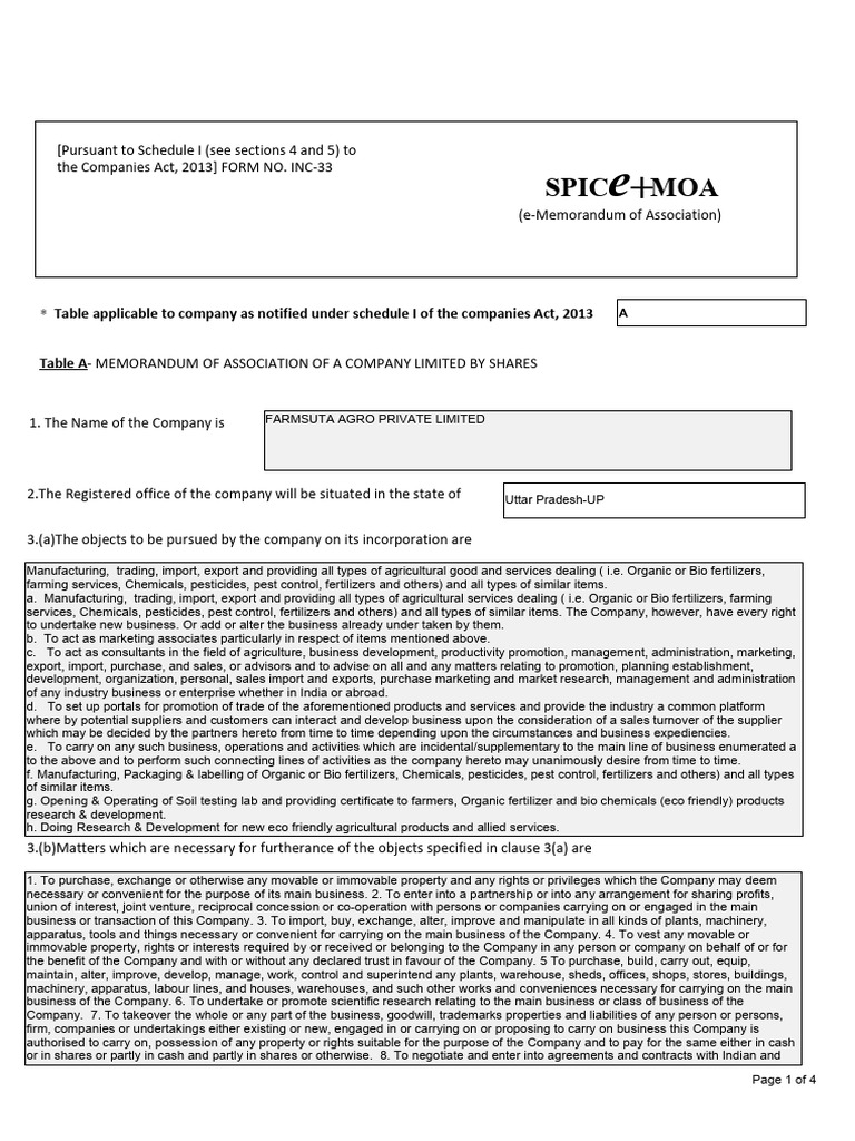 Spic MOA: Table Applicable To Company As Notified Under Schedule I of ...