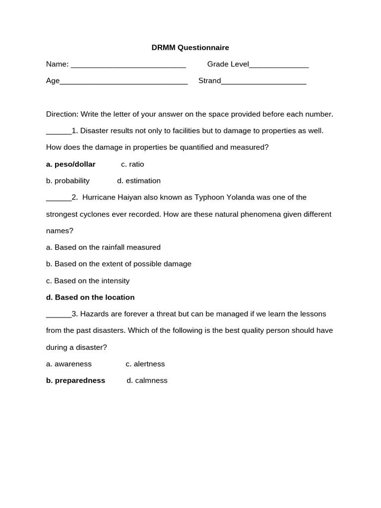 DRMM Questionnaire Ans Key | PDF