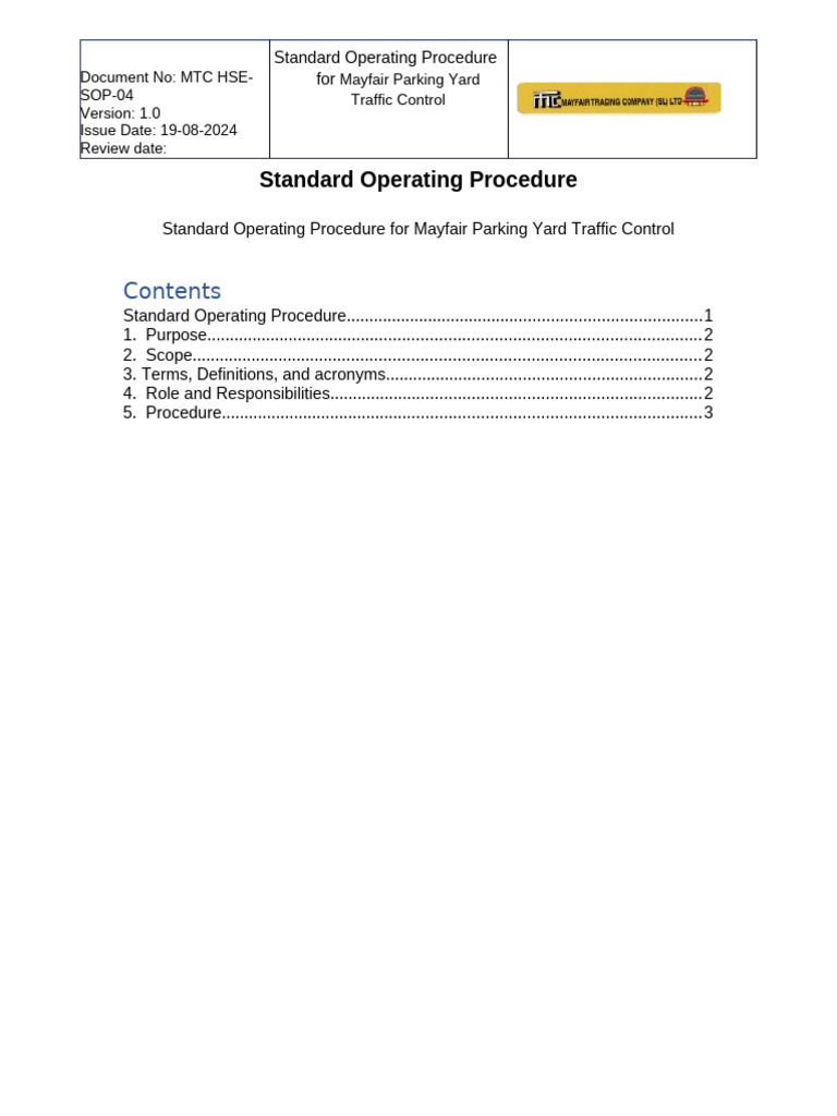 MTC Parking Yard Traffic Control SOP | PDF