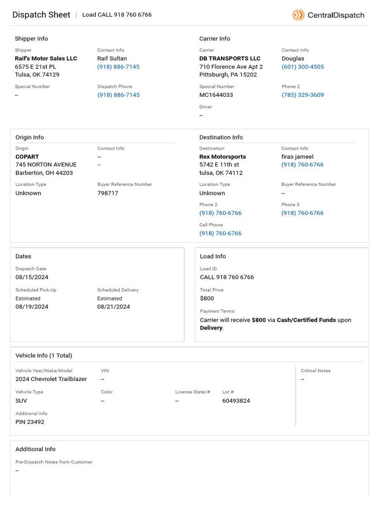 Dispatch Sheet | PDF