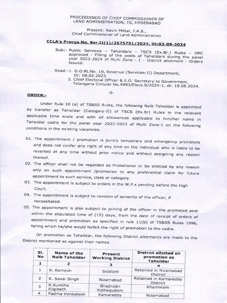 MZ-I Tahsildars Allotment Orders | PDF