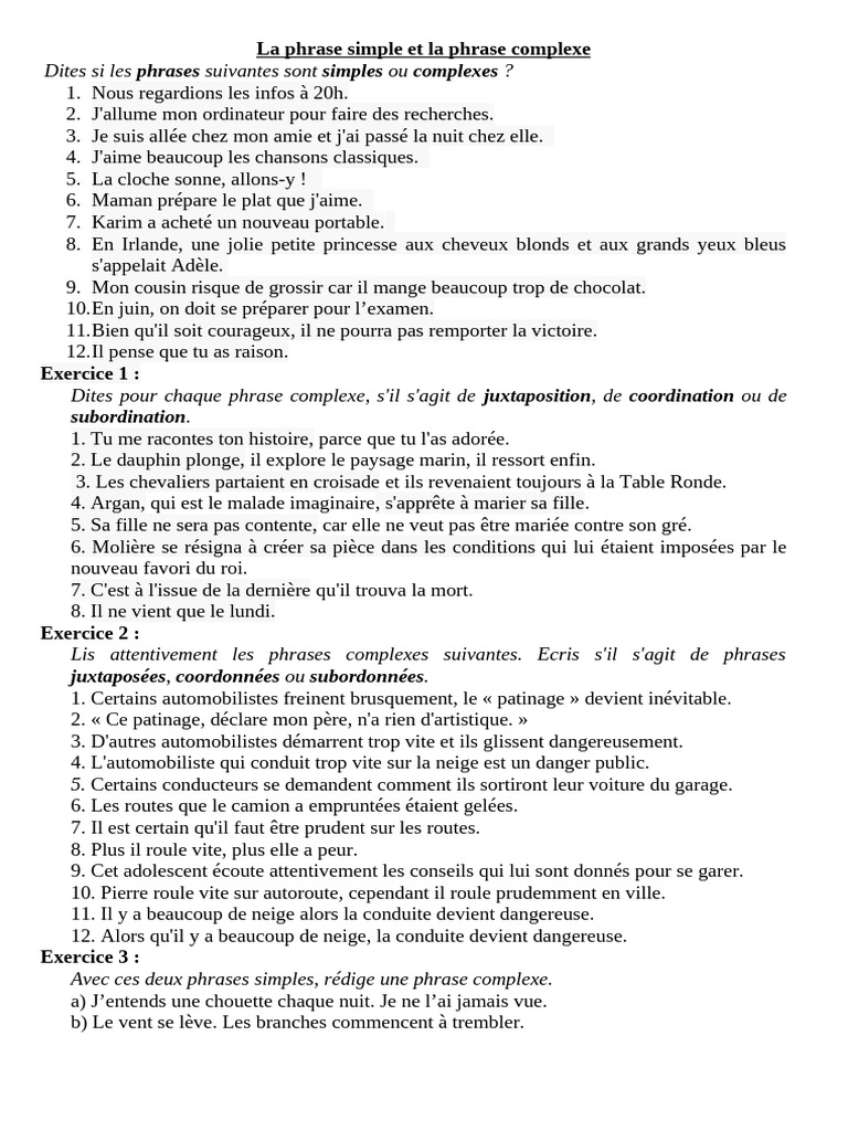 Exercices Phrase Simple Et Phrase Complexe | PDF