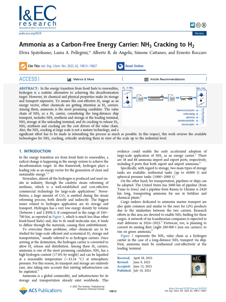 Ammonia As A Carbon-Free Energy Carrier NH3 Cracking To H2 | PDF