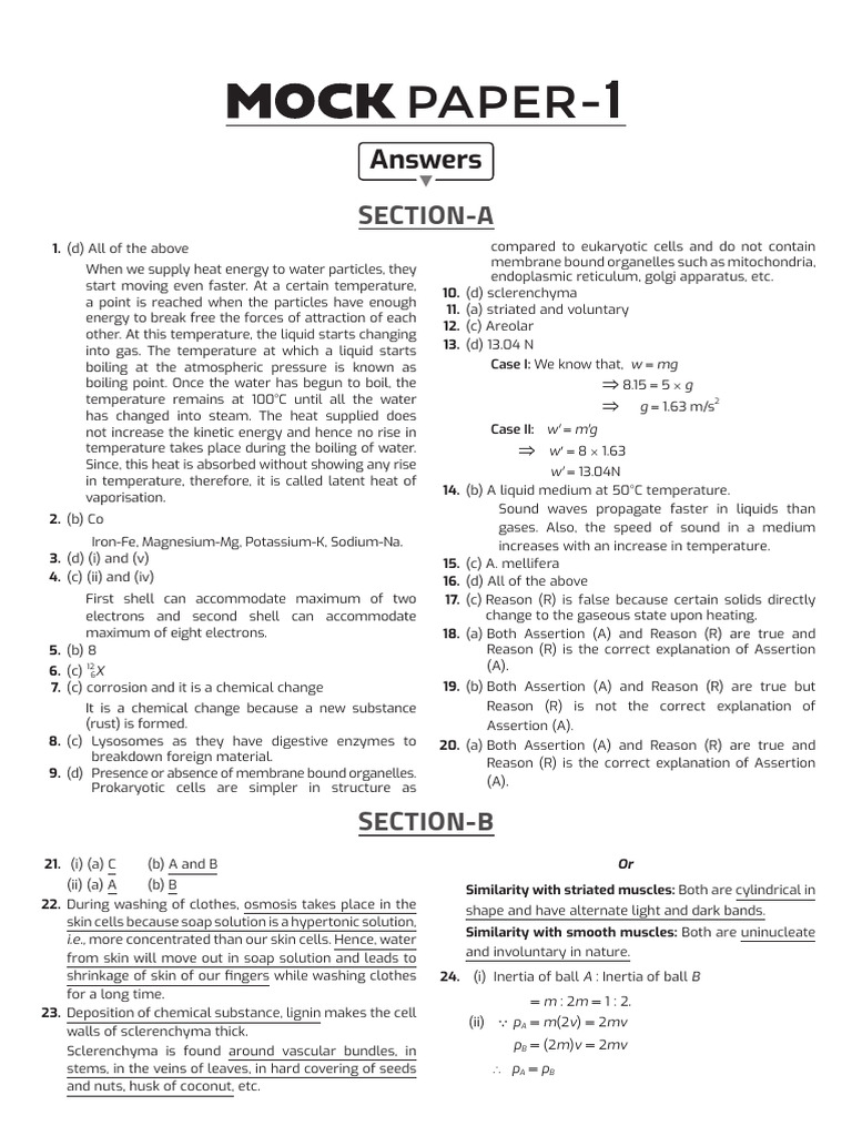 Science Class 9 Mock Paper Answers | PDF