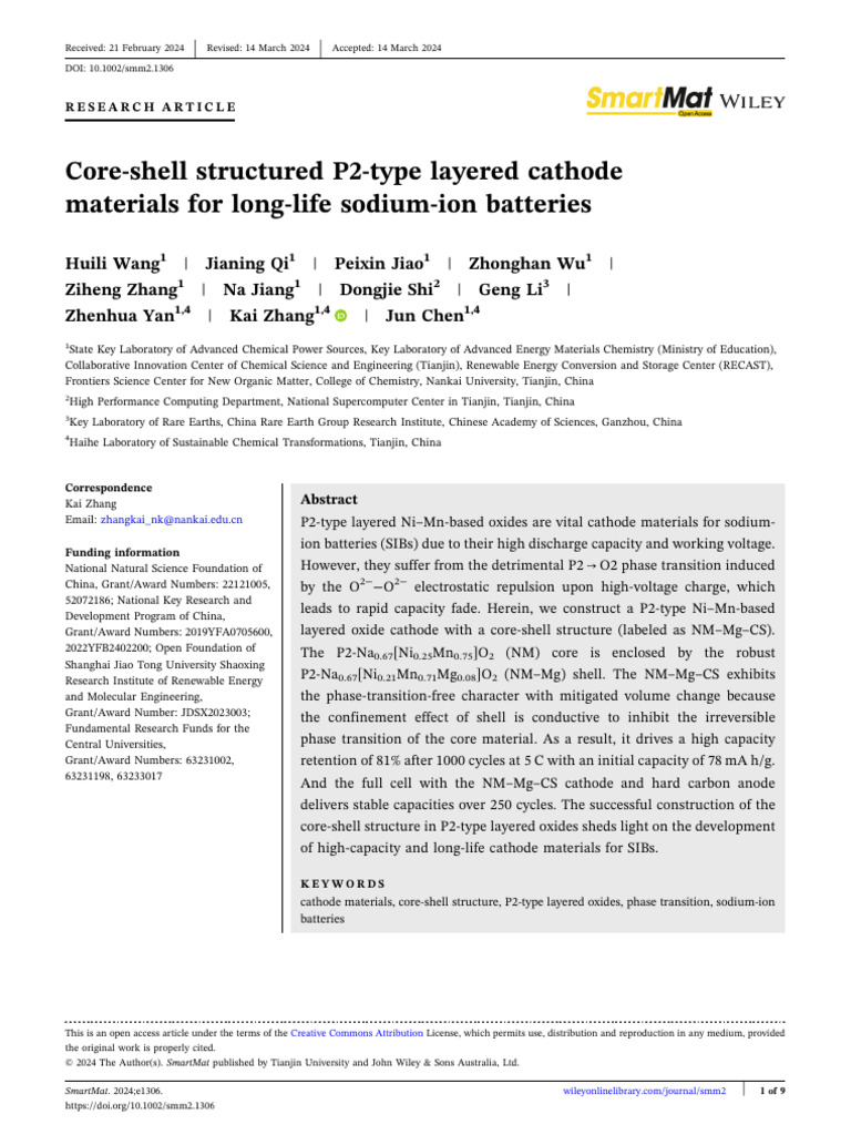 SmartMat - 2024 - Wang - Core‐Shell Structured P2‐Type Layered Cathode ...