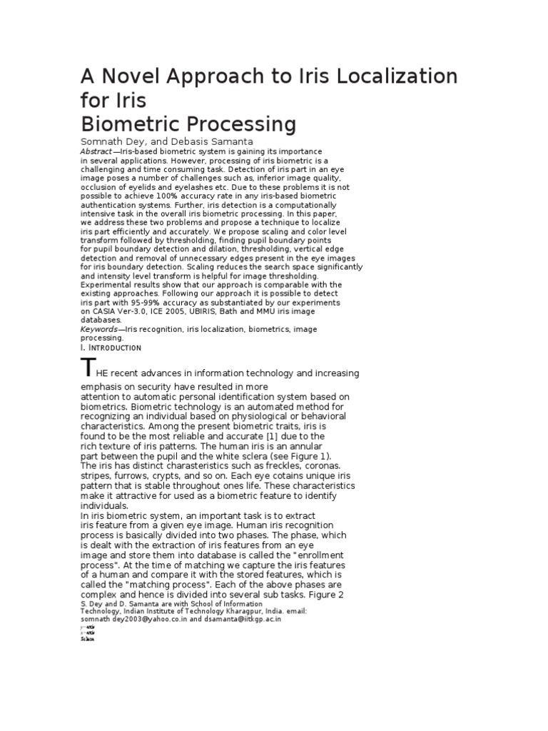 A Novel Approach To Iris Localization For Iris | PDF | Biometrics | Image Segmentation
