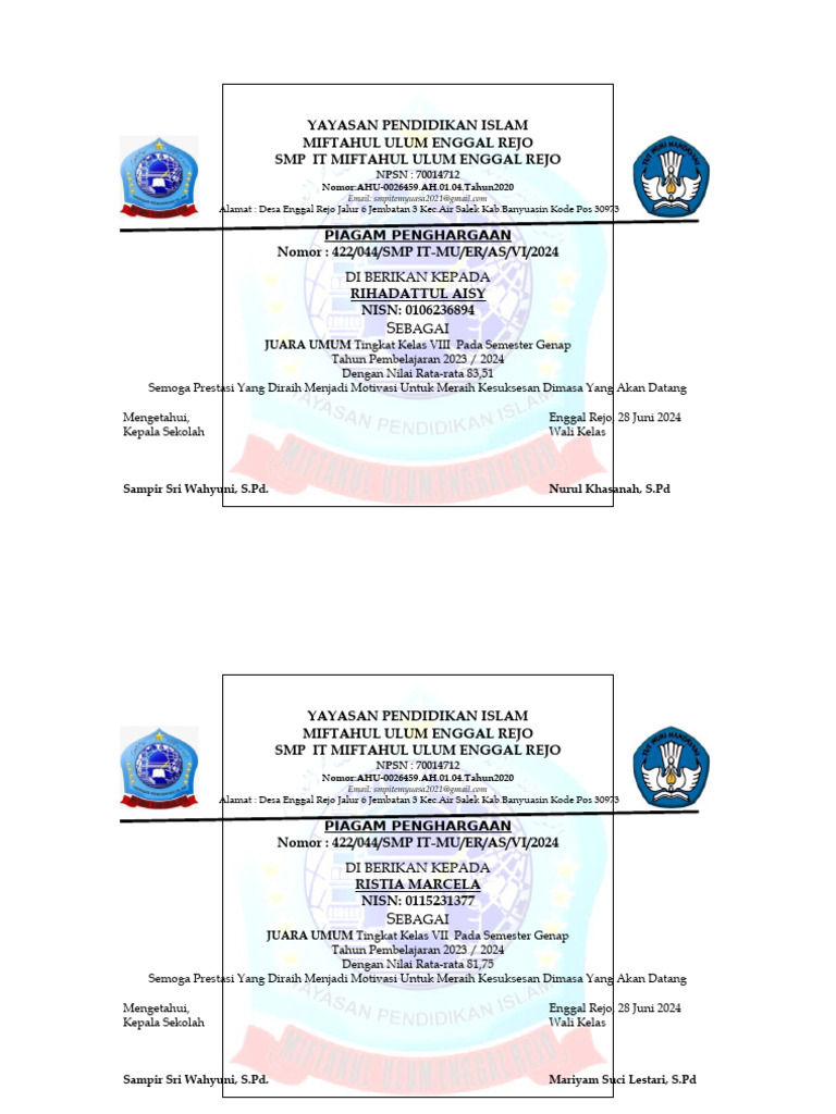 Piagam Juara Umum | PDF