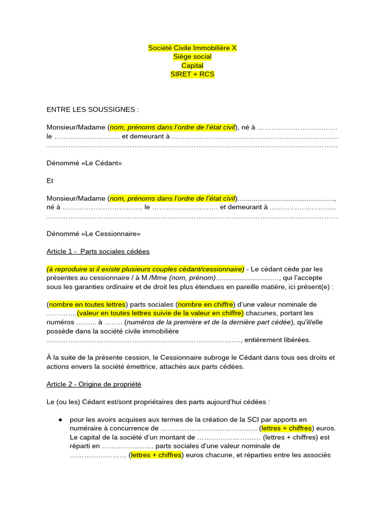 Modele Acte Cession Parts Sci | PDF