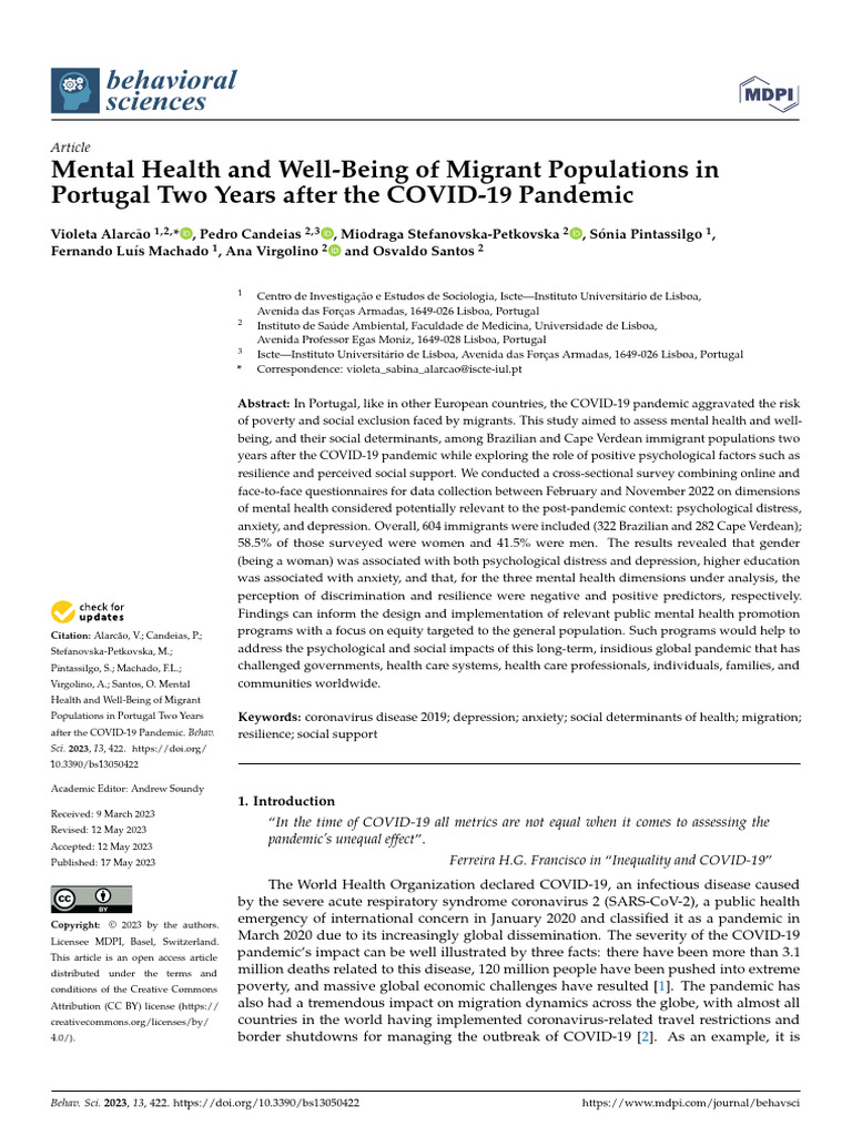 mental health and well-being of migrant populations in portugal 2 years ...