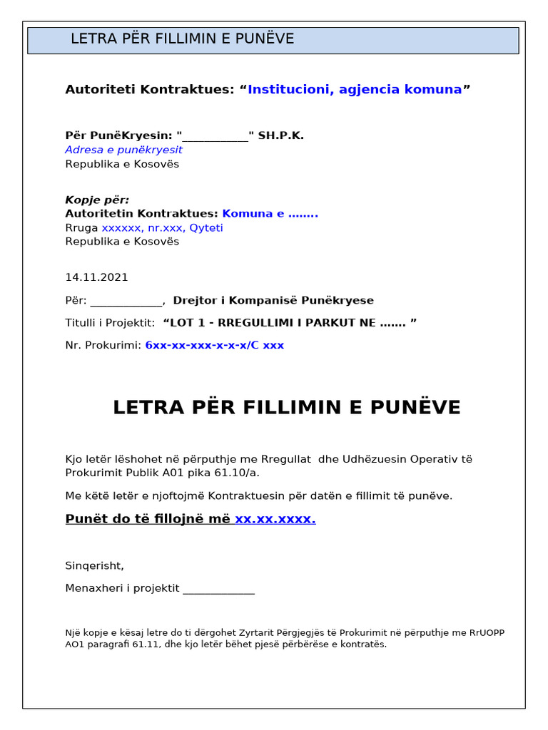 MODEL - Letra Për Fillimin e Punëve Sipas Ligjit Te Prokurimit Publik | PDF