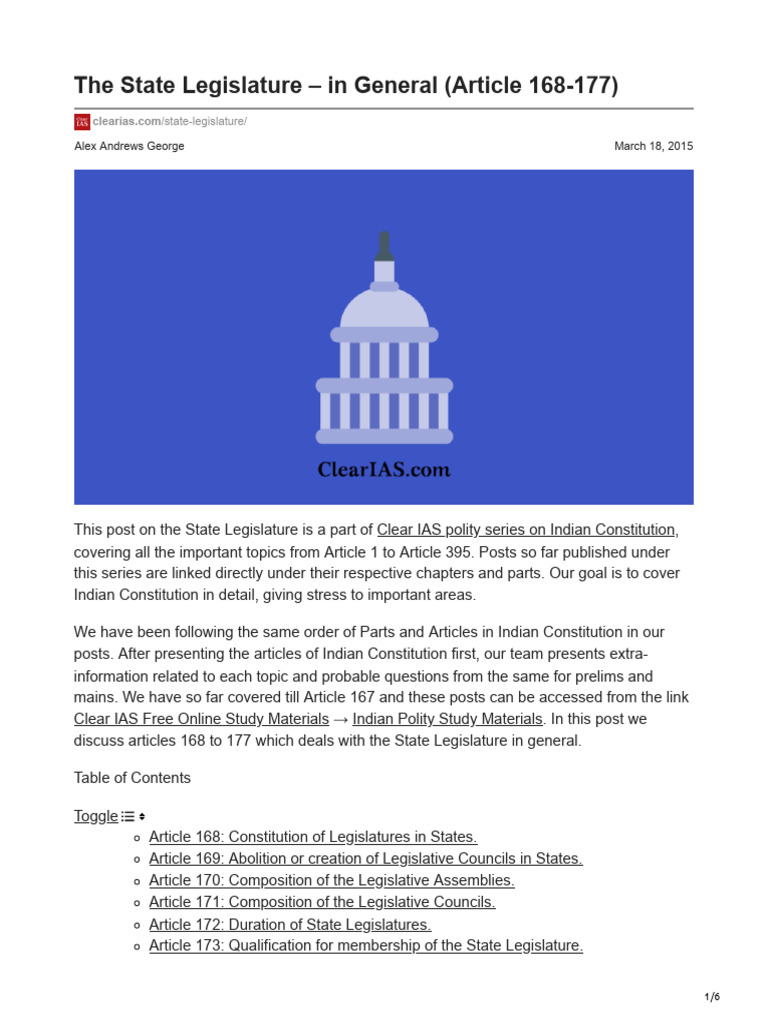 The State Legislature in General Article 168-177 | PDF