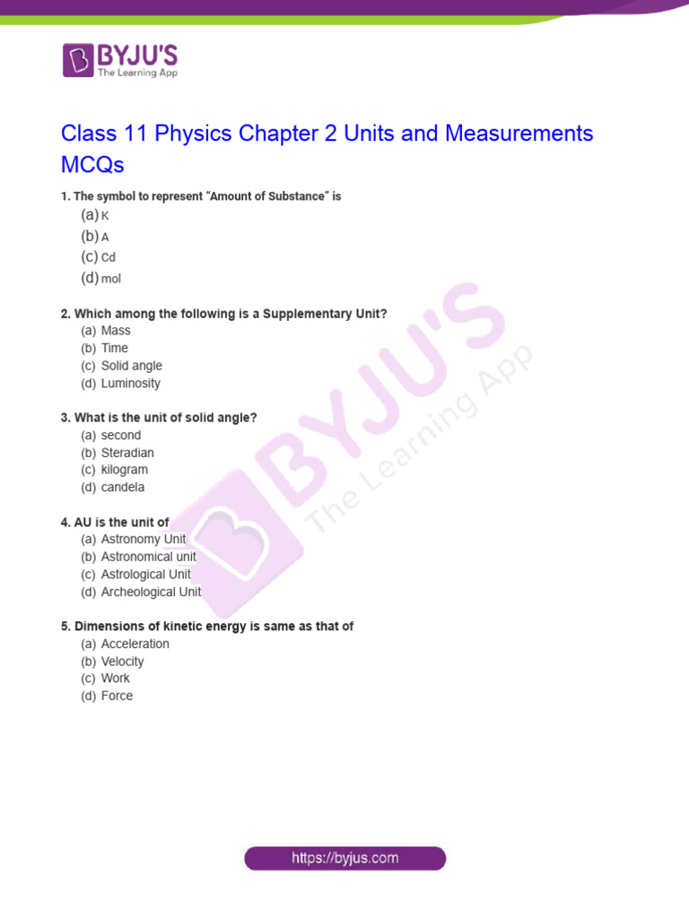 Chapter 2 Units and Measurements MCQs | PDF