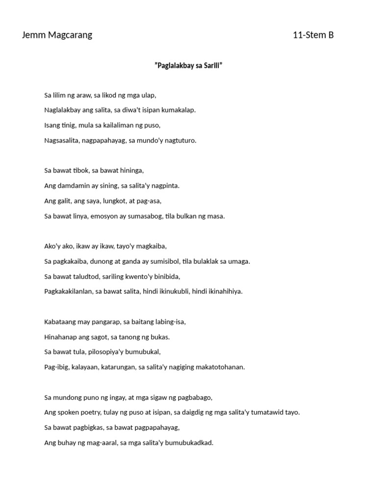 Jemm Magcarang 11-Stem B Spoken Poetry | PDF