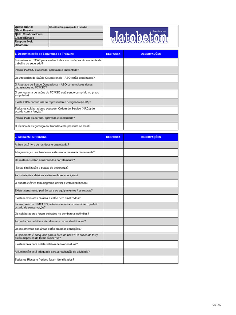 Cst - Checklist de Segurança Do Trabalho | PDF