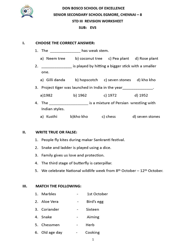 STD 3 EVS TE-1 Revision Worksheet | PDF