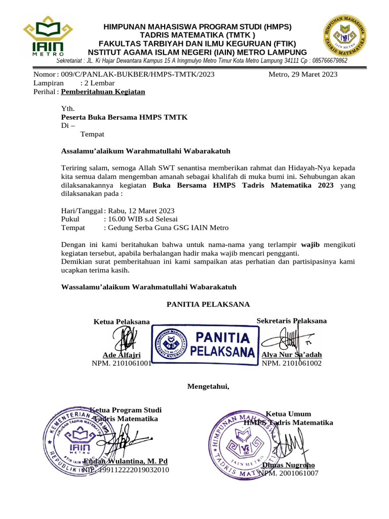 009 Surat Pemberitahuan Wajib BUKBER HMPS TMTK 2023 | PDF