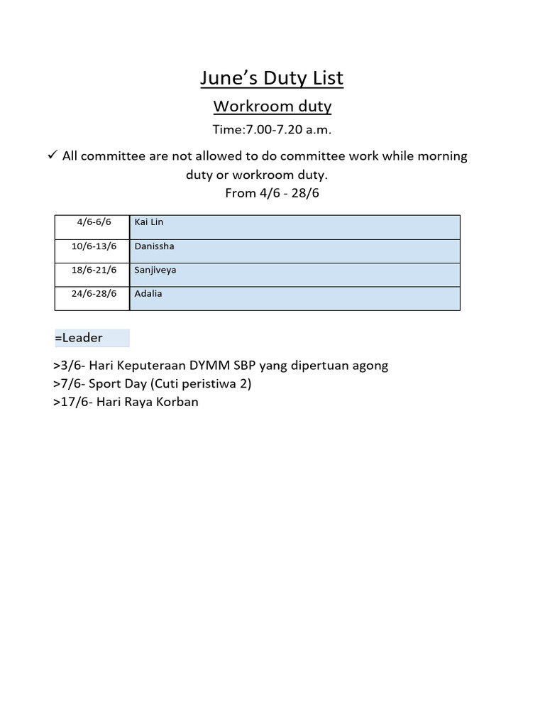 JUNE Duty List | PDF