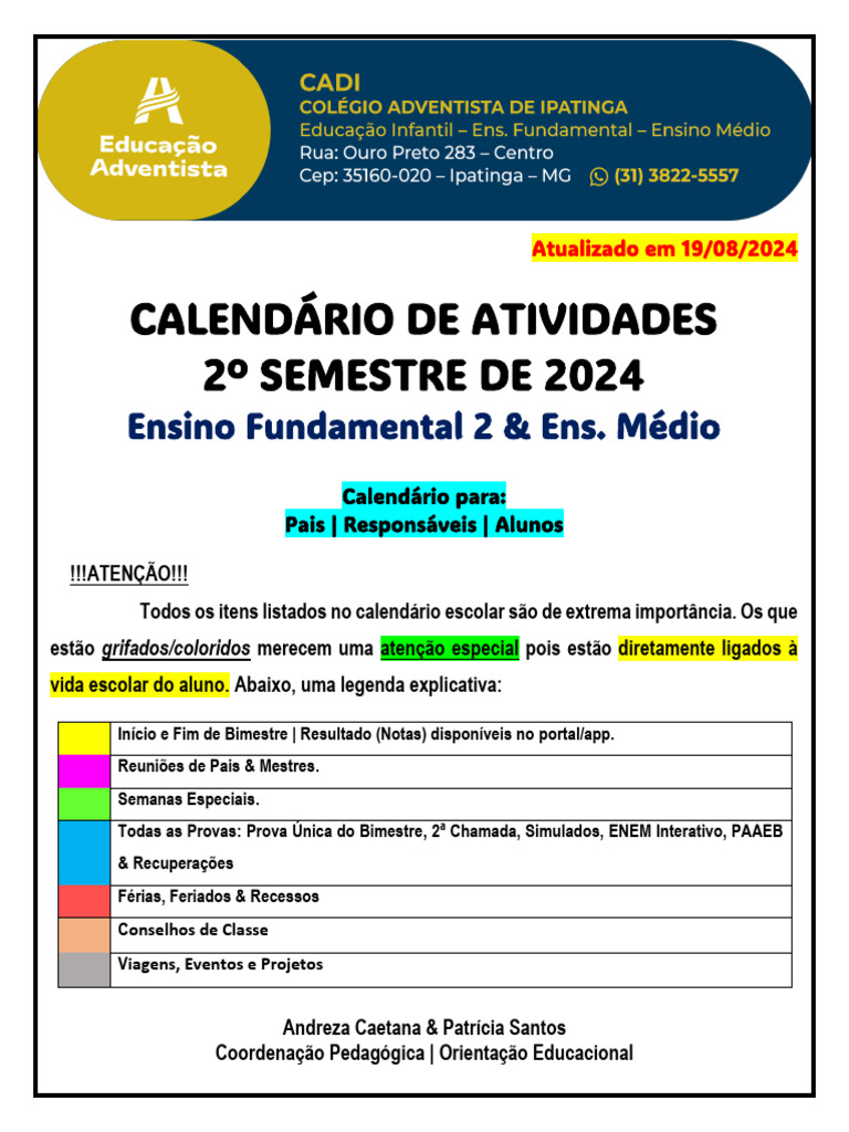 Para Pais e Alunos - Cal. de Atividades - 2º Semestre de 2024 | PDF