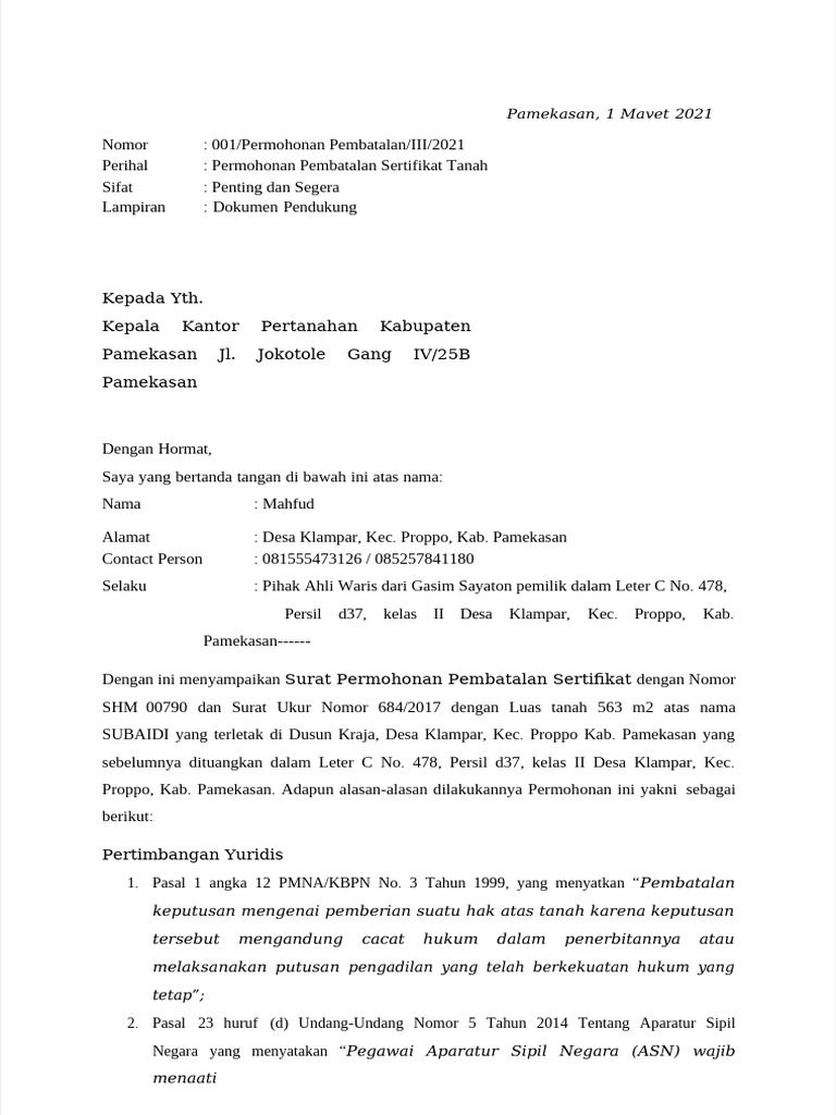 Pdf Permohonan Pembatalan Sertifikat Tanah Pdf