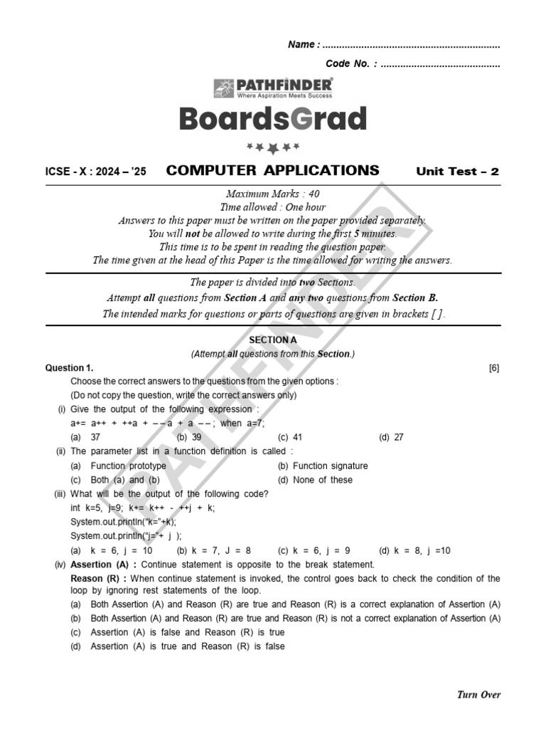 ICSE X Unit Test-2 Computer Application Q.P. 24-'25 | PDF