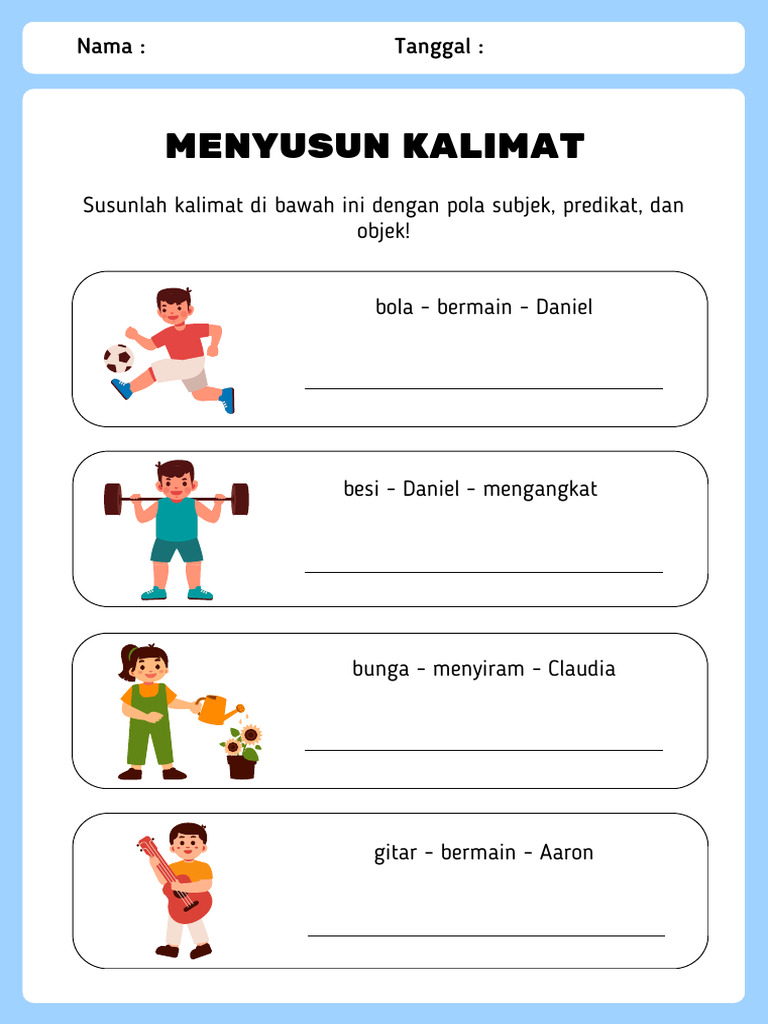 Lembar Kerja Menyusun Kalimat Pola SPO Biru Ilustrasi Sederhana PDF | PDF